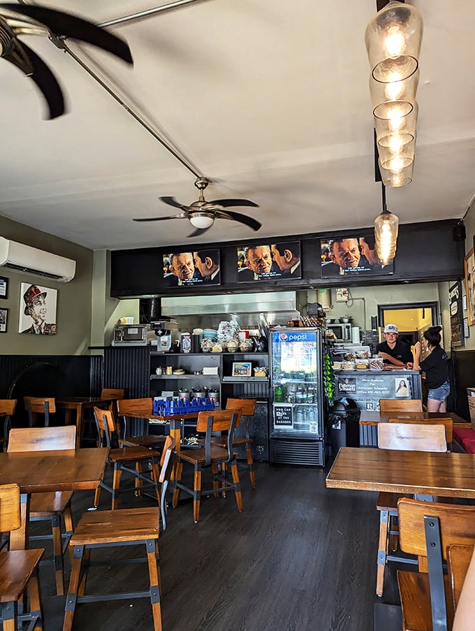 Inside, wooden tables and Sinatra scenes playing silently overhead create that perfect "I've just discovered the best-kept secret in Wilmington" atmosphere.