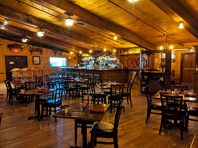 Step inside and the Wild West meets Little Italy in this warm wooden interior where wagon wheels and wine glasses coexist in perfect harmony.