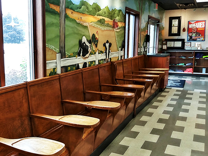 Wooden church-pew style seating and pastoral murals create a nostalgic backdrop for ice cream worship. The cows on the wall seem to wink, "You're welcome."
