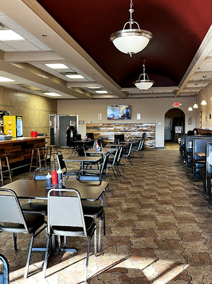 Step inside and the burgundy ceiling creates an unexpected touch of elegance. This isn't your average breakfast joint&mdash;it's waffle paradise.