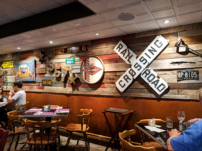 Americana at its finest! Where railroad history meets dinner destiny on walls that have seen more celebrations than a championship locker room.