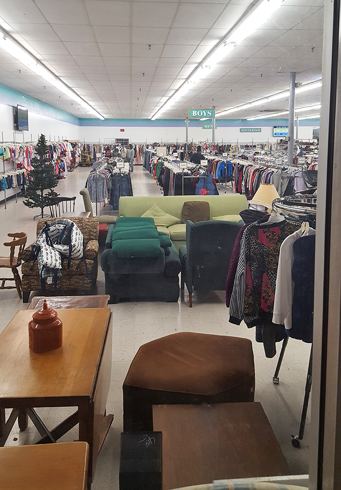 A furniture archipelago floating in a sea of clothing racks. Shopping here is like a choose-your-own-adventure book for home decorators.