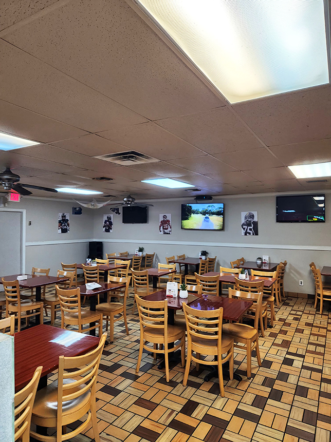 Wooden chairs, classic tile floors, and sports on TV&mdash;this isn't interior design, it's sandwich shop perfection. Time stands deliciously still here.
