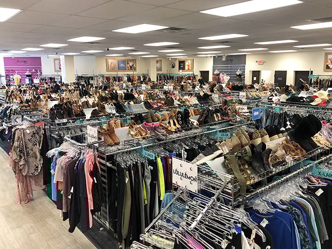 A treasure hunter's paradise unfolds inside, with meticulously organized racks stretching toward the horizon of affordable fashion.