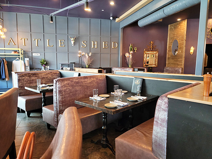 Inside, teal walls and leather booths create that rare steakhouse magic&mdash;sophisticated enough for celebration, comfortable enough to linger over that last glass of wine.