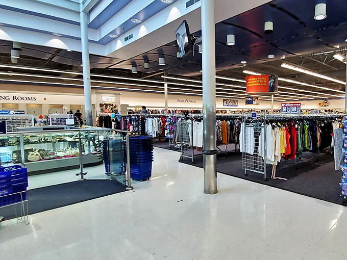 Endless racks of clothing stretch into the distance, a kaleidoscope of colors and textures where yesterday's fashion finds new admirers today.