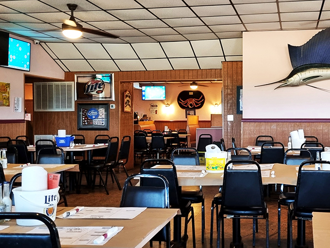 Step inside and you're greeted by wood-paneled warmth that feels like your favorite uncle's rec room—if your uncle happened to serve incredible seafood.