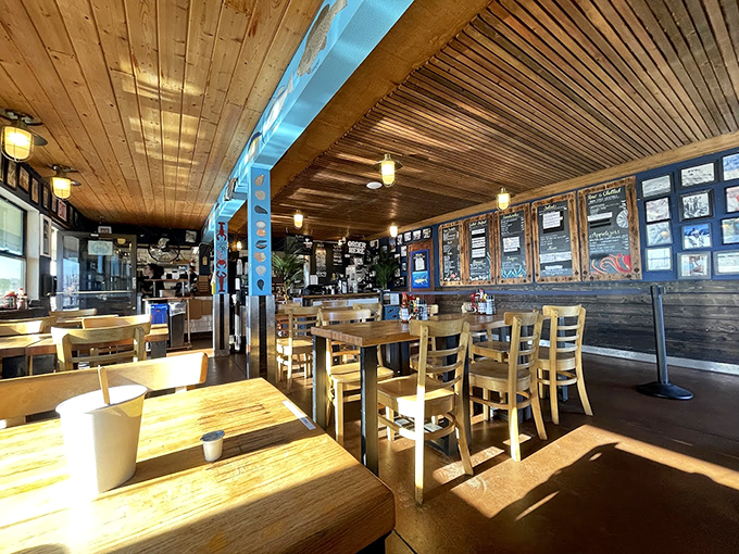 Wooden ceiling planks and nautical charm create the perfect backdrop for seafood feasting. No white tablecloths needed when the food speaks this eloquently.