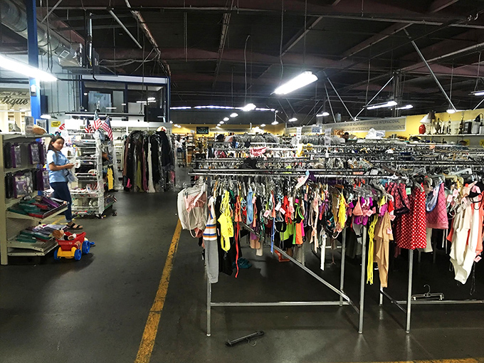 Racks upon racks of colorful clothing stretch toward industrial ceilings, creating textile canyons where vintage hunters lose themselves for hours.