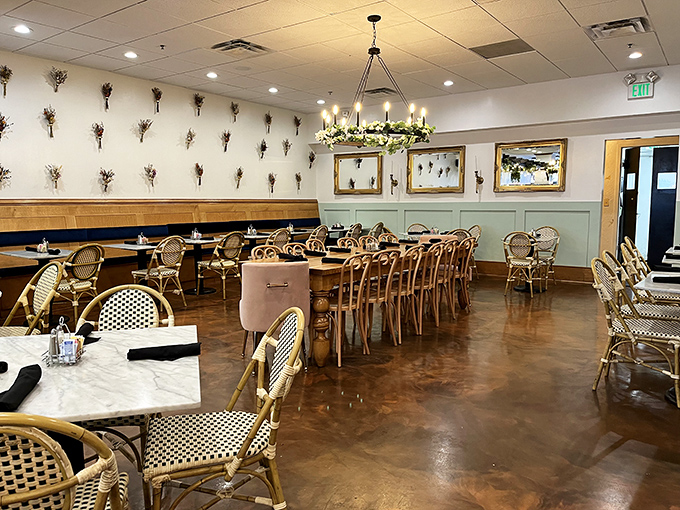 Bistro chairs, dried flower arrangements, and that stunning chandelier create the perfect backdrop for your brunch selfie. Parisian charm meets Maryland hospitality.