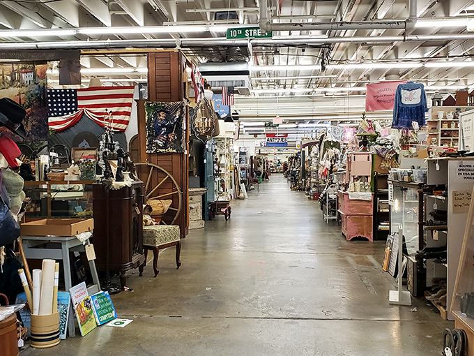 Streets with actual street signs organize this indoor metropolis of memories. You'll need breadcrumbs to find your way back after wandering these aisles.