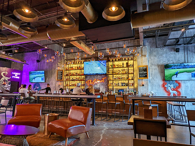 Inside, modern industrial meets cozy comfort. That bar isn't just for show&mdash;their whiskey collection rivals establishments dedicated solely to brown spirits.