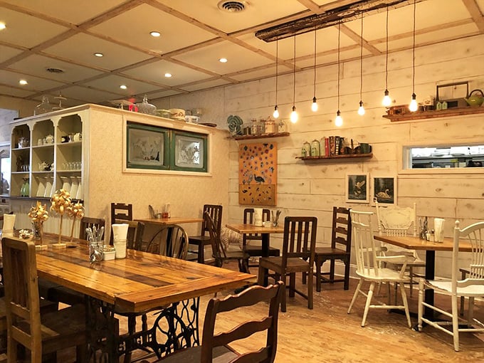 Whitewashed wood walls and mismatched chairs create that rare atmosphere where "rustic chic" isn't just designer-speak&mdash;it's genuinely charming. Edison bulbs included, no extra charge. 