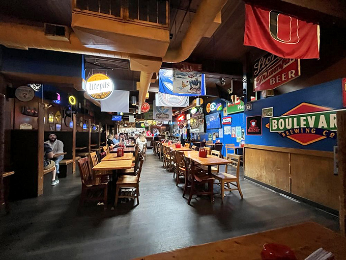 Step inside and you're transported to beer paradise – flags hanging from the ceiling, wooden tables worn smooth by countless satisfied elbows.