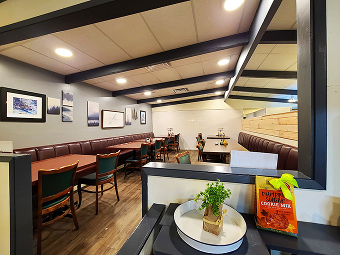 Step inside to discover a country-chic interior where wood beams and cozy booths invite you to settle in for the long haul.