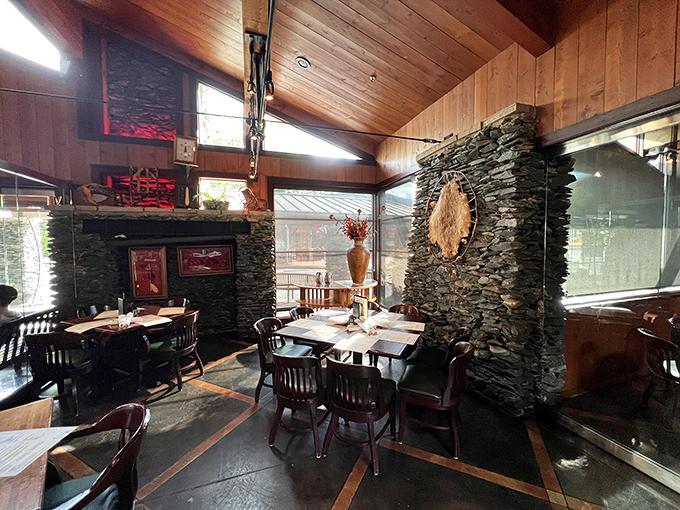 Stone walls and wooden ceilings create that perfect "fancy cabin" vibe—like your rich uncle's vacation home, but with better food.