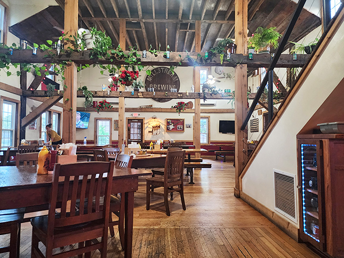 Exposed wooden beams and hanging greenery create a space that feels both rustic and inviting&mdash;like your German grandmother's living room, if she had excellent taste in architecture.