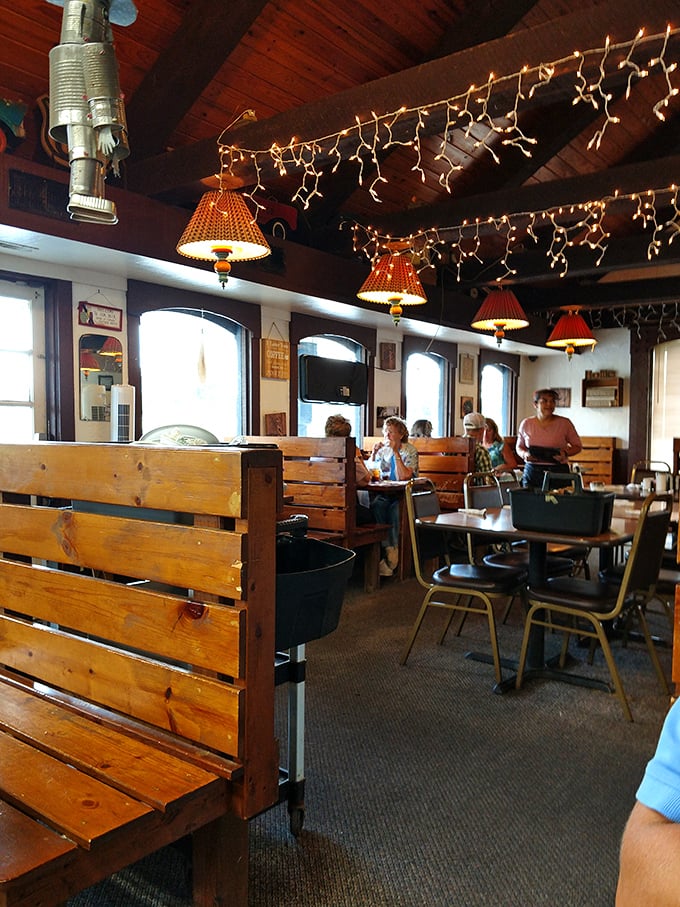 Wooden booths, twinkling lights, and ceiling beams that could tell stories&mdash;this dining room feels like Kansas wrapped you in a warm hug.