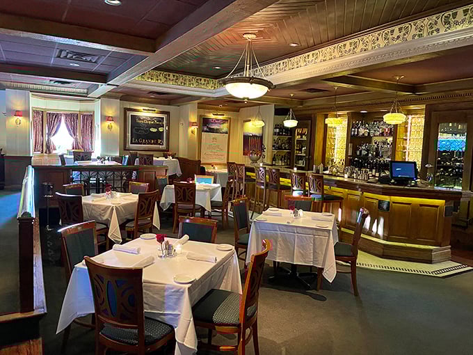 Step inside and time slows down &ndash; coffered ceilings, warm wood tones, and white tablecloths create the perfect setting for culinary magic.