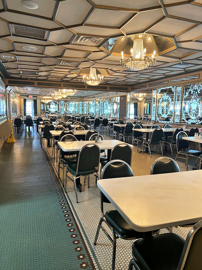 Crystal chandeliers and mirrored walls transform a simple meal into a royal feast. Louis XIV would approve of dining democratically among the people.