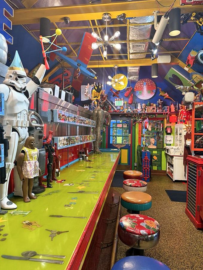 Step inside and enter a world where toys never grew up. The counter seating offers front-row tickets to both culinary magic and a museum of nostalgic treasures.
