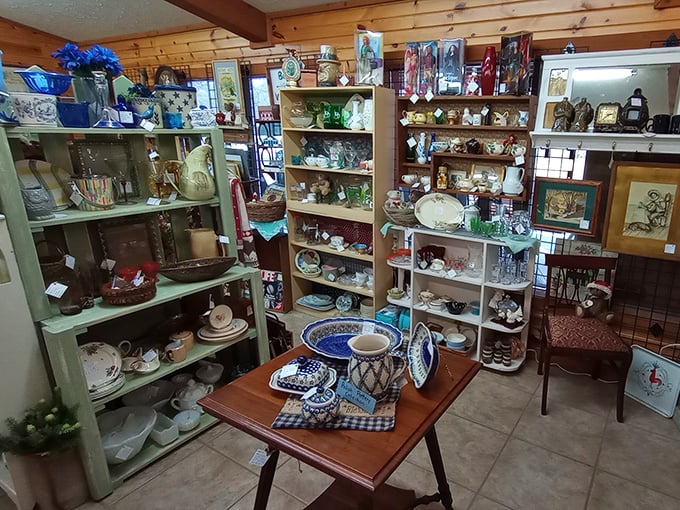 Shelves upon shelves of yesterday's treasures, meticulously arranged like a museum where everything's for sale. Grandma's china cabinet has nothing on this display of domestic history.