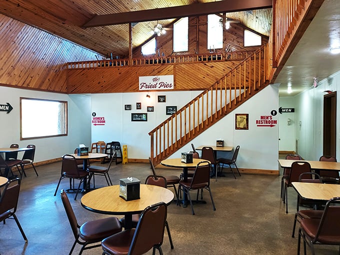 Rustic wooden beams and simple furnishings create the perfect backdrop for pie-based euphoria. No distractions, just you and your soon-to-be favorite fried delight.