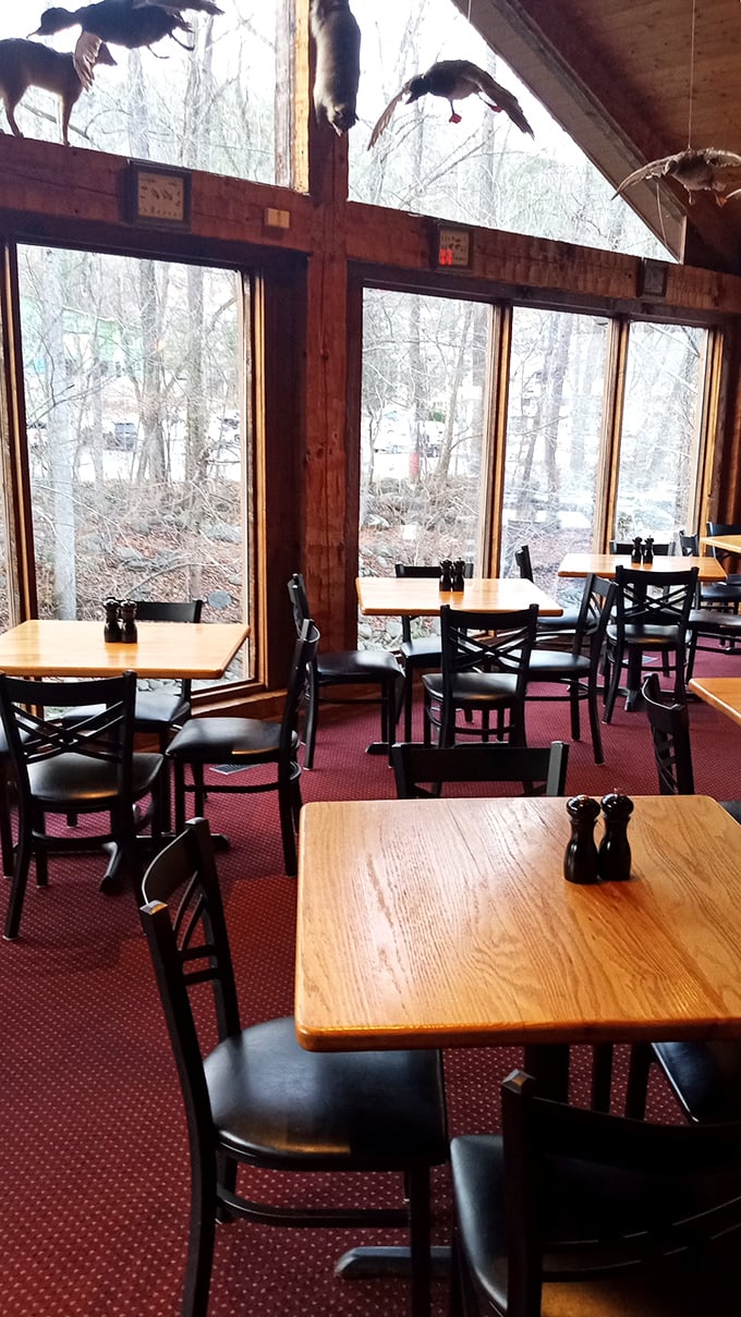 Floor-to-ceiling windows bring nature tableside, while mounted wildlife reminds you who's at the top of the food chain in this cozy dining room.