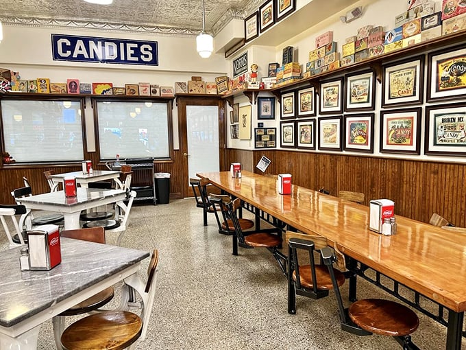 Lunch counter nostalgia complete with swivel stools and vintage décor—where calories don't count and memories are served daily.