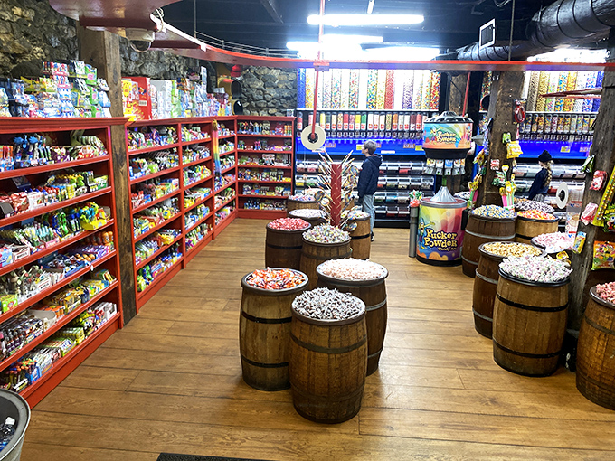 Wooden barrels brimming with colorful treats create a candy landscape that would make Willy Wonka himself green with envy. Your self-control doesn't stand a chance here.