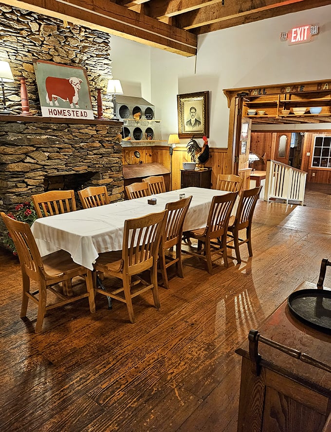 Rustic stone fireplaces meet honey-colored wood in this dining room where comfort reigns supreme and conversations flow as easily as the sweet tea.