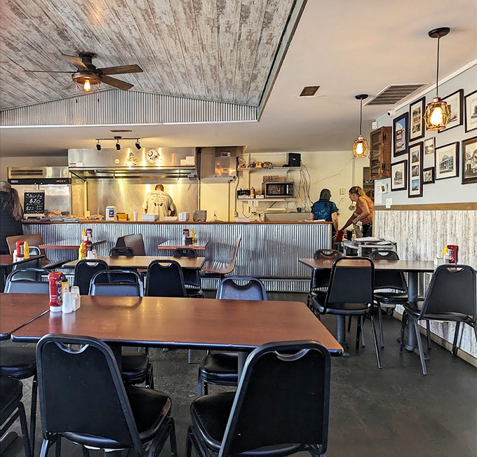 Corrugated metal meets whitewashed wood in this no-frills dining room where the focus stays squarely where it belongs&mdash;on plates of perfectly executed diner classics.