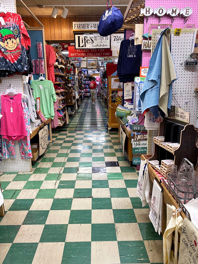 Navigating these aisles is like exploring your grandmother's attic, if your grandmother collected everything wonderful from the last century. The checkerboard floor guides you through retail history. 