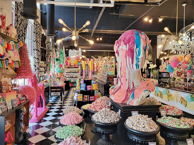 Somewhere between Willy Wonka's factory and Marie Antoinette's boudoir lies this candy paradise, complete with dripping paint sculpture and popcorn cauldrons.