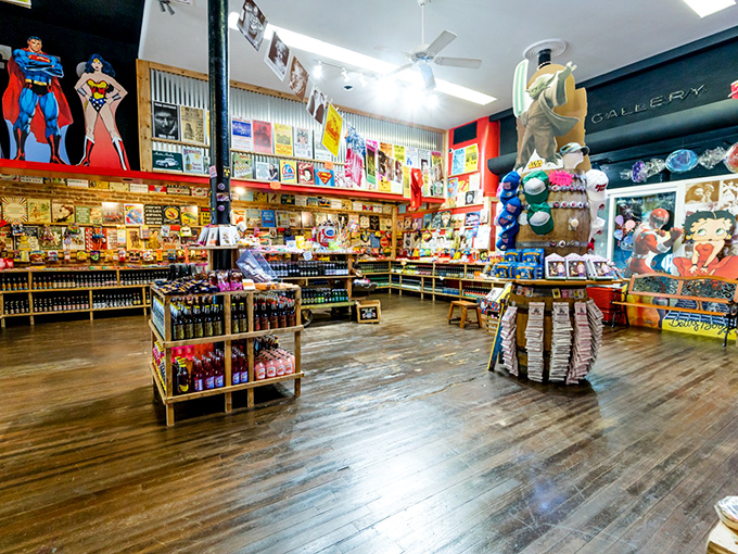 Superman and Wonder Woman stand guard over this candy kingdom, where wooden floors creak with anticipation beneath your sugar-seeking feet.