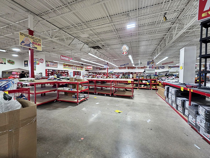 Treasure hunt central! Red metal shelving units stand like sentinels guarding bargains, waiting for savvy shoppers to discover their secrets.