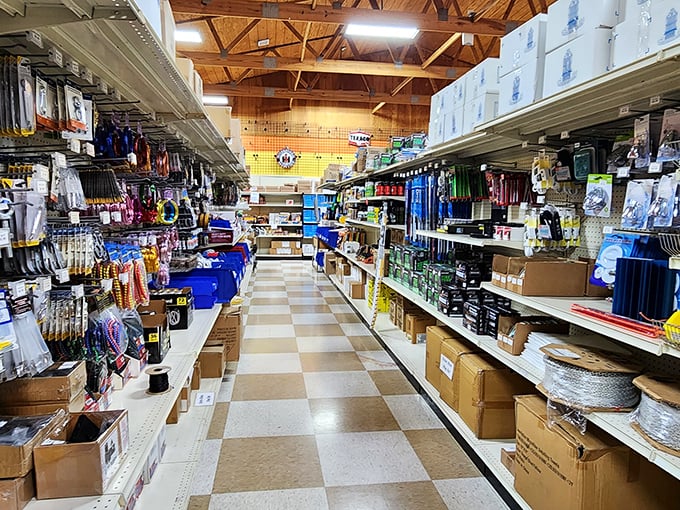 Wooden beams overhead and checkerboard floors below create the perfect backdrop for discovering everything from cookware to electronics at prices that defy logic.