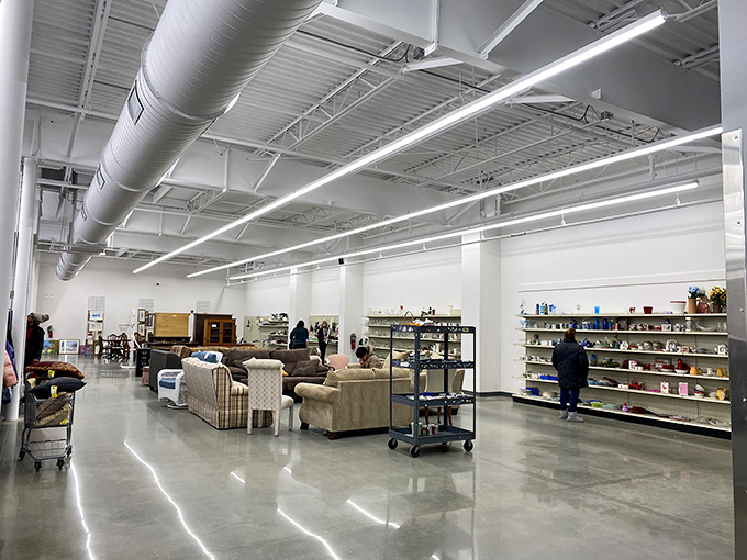 Spacious aisles and exposed ductwork create an unexpectedly upscale shopping environment. Bargain hunting has never felt so civilized.