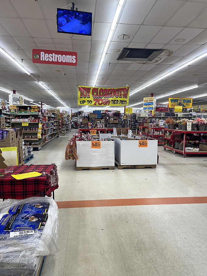 Treasure map alert: Follow the "TOY CLOSEOUTS" banner like it's the North Star of savings. The fluorescent lighting isn't for ambiance&mdash;it's for spotting deals.