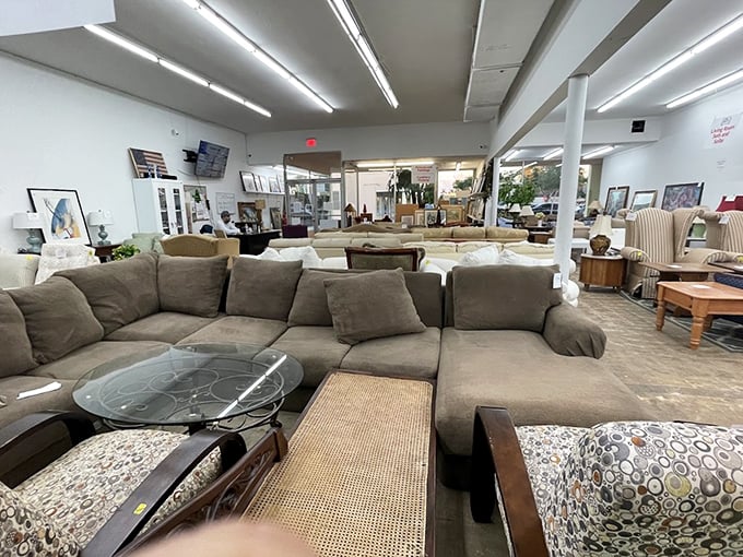 A furniture wonderland where sectional sofas become islands in a sea of possibility. That neutral one's just waiting to hear about your day.