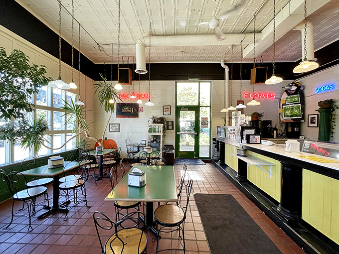 Inside this time capsule of dairy devotion, neon signs glow like beacons of hope for the sweet-toothed pilgrims who've made the journey.