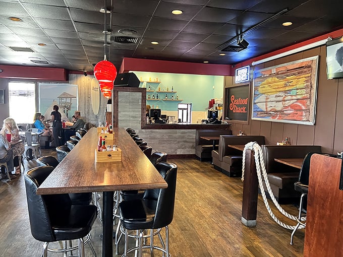 A communal table that's witnessed countless "Oh my God" moments as diners crack into their first crab leg. Maritime meets modern in this cozy interior.