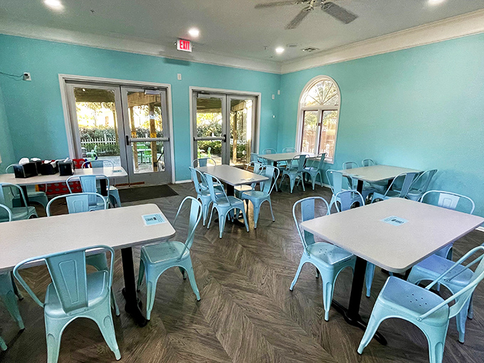Cool aqua walls and matching metal chairs create the perfect backdrop for what's about to be the highlight of your day&mdash;seriously good ice cream.