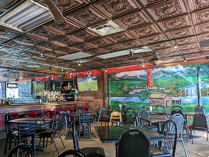 The unexpected elegance of pressed copper ceiling tiles hovers above murals of rural Mexican landscapes&mdash;like your abuela's kitchen suddenly expanded to host the whole neighborhood.
