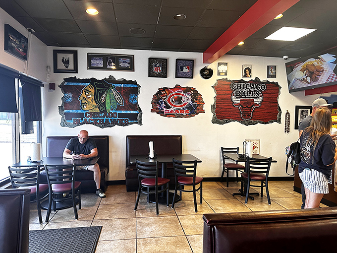 Chicago sports memorabilia transforms this simple dining room into a Windy City embassy. The Bulls, Bears, and Blackhawks watch over your meal.