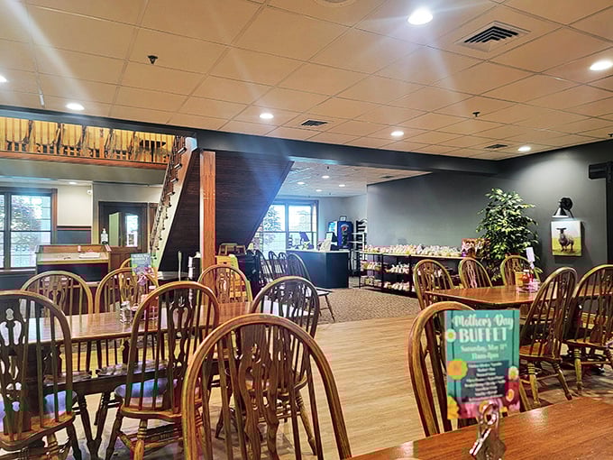 Inside, warm wood tones and sturdy oak furniture create an atmosphere that's both spacious and cozy—a dining room that honors tradition without sacrificing comfort.