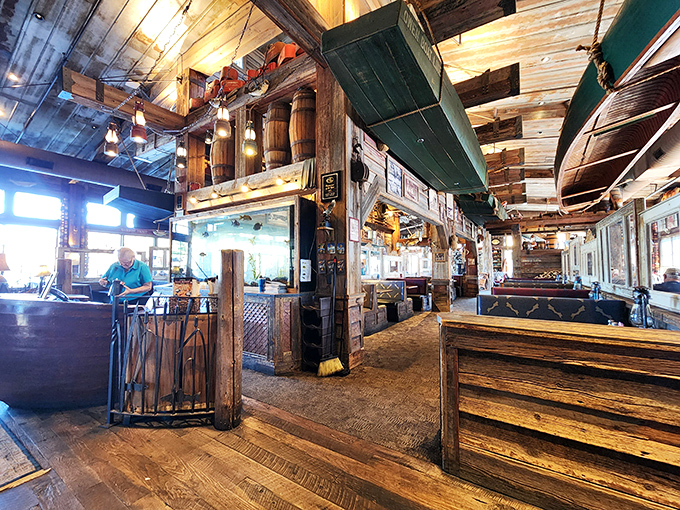 Step inside and you're transported to the ultimate Ozark fishing cabin fantasy&mdash;wooden beams, boats hanging from the ceiling, and charm by the boatload.