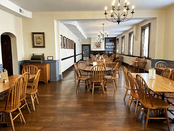 Windsor chairs and polished wood floors create an atmosphere where history and comfort dine together. This isn't decoration—it's heritage you can touch.