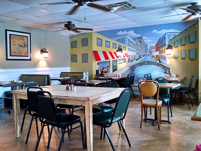 Step into a slice of Venice without the airfare&mdash;the whimsical streetscape mural transforms a simple dining room into an Italian daydream.