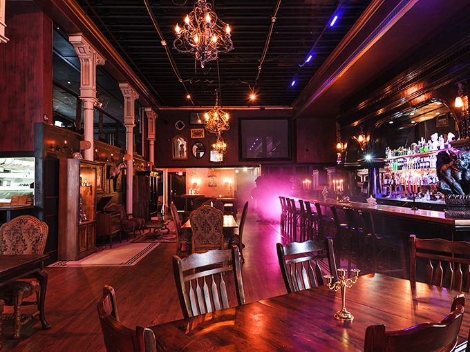 Victorian elegance meets gothic horror in this dining room where chandeliers cast eerie shadows and every corner tells a spine-tingling story.